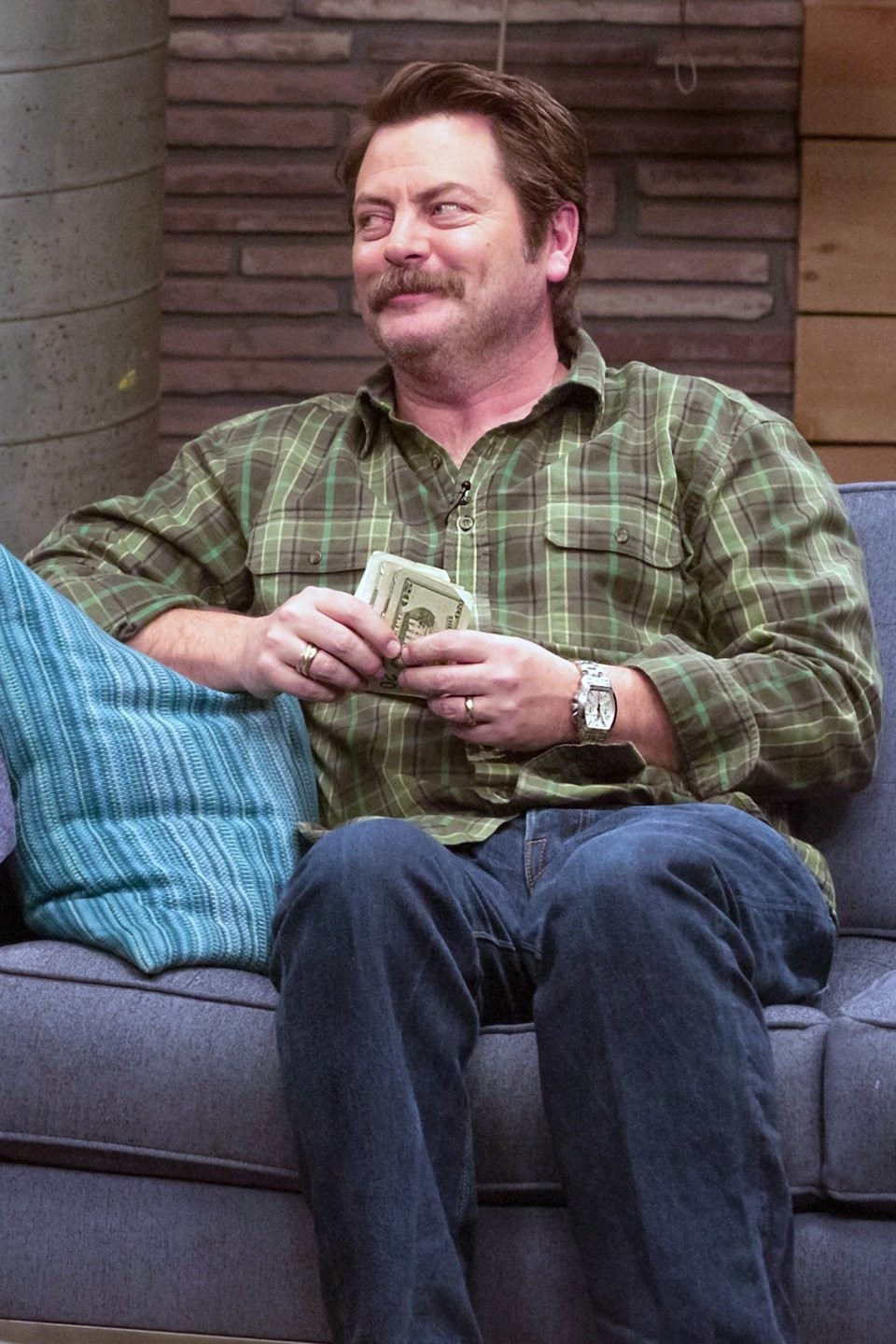 Nick Offerman Wears a Green Flannel Shirt and Brown Boots Pictures ...
